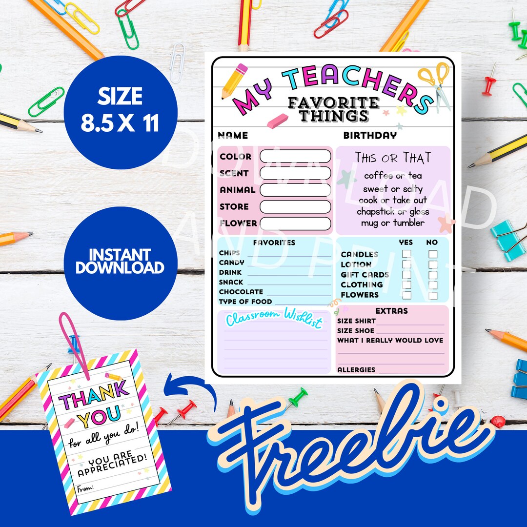 Teacher Favorites Printable, Back to School Teacher Survey, Teacher ...