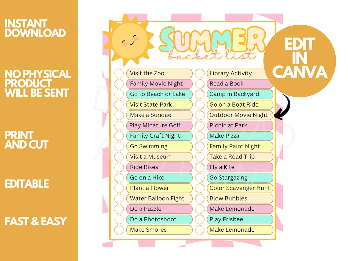Editable Summer to Do List, Kids Bucket List Printable, Custom Summer ...