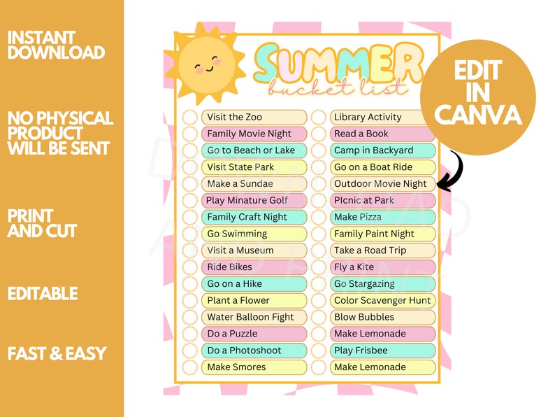 Editable Summer to Do List, Kids Bucket List Printable, Custom Summer ...