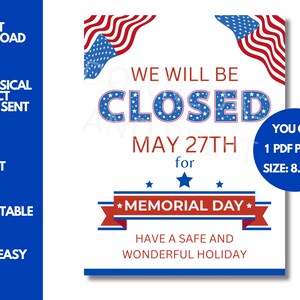 Printable "closed for Memorial Day" Sign - Instant Download - Memorial ...