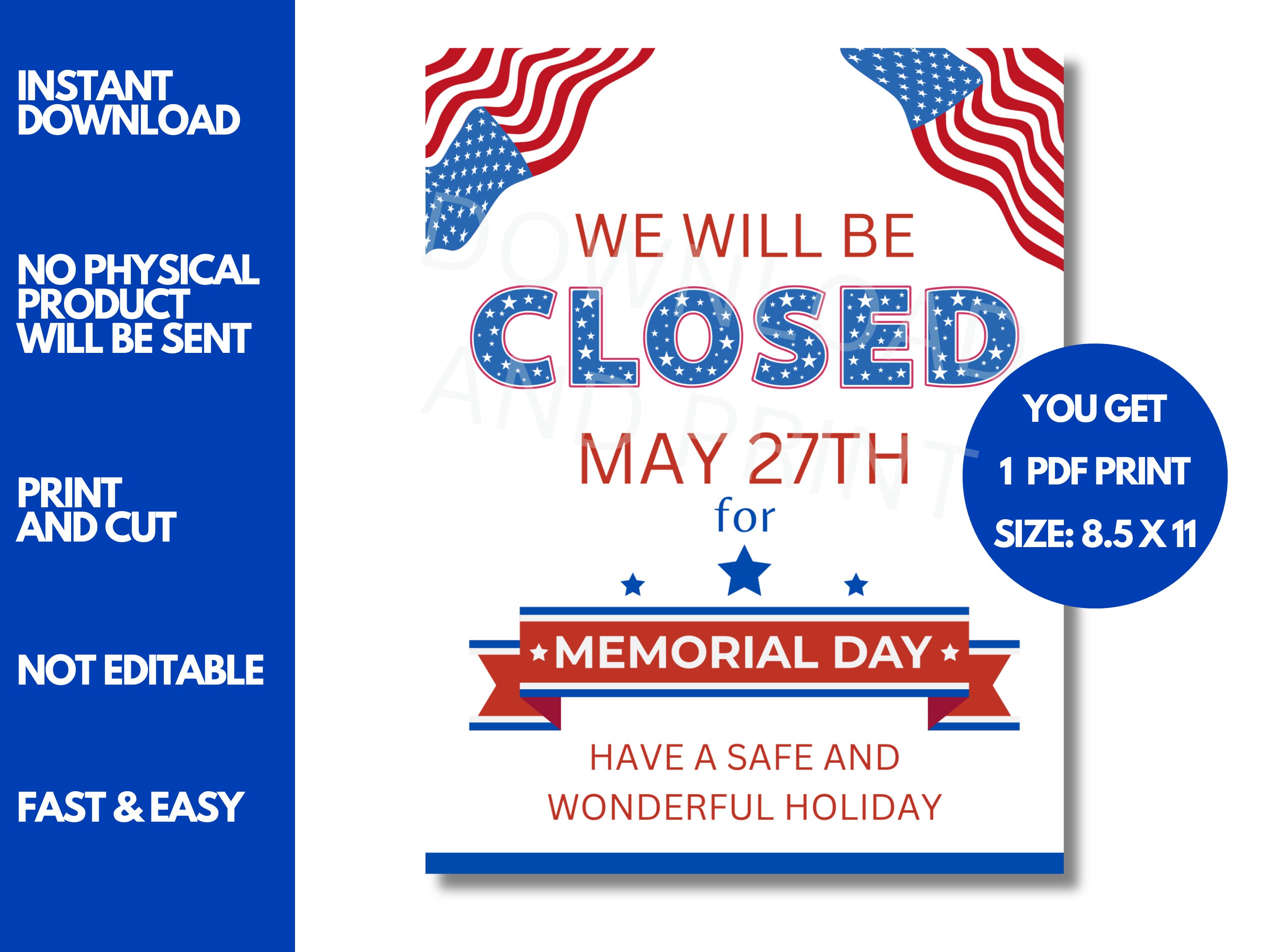 Printable "closed for Memorial Day" Sign - Instant Download - Memorial ...