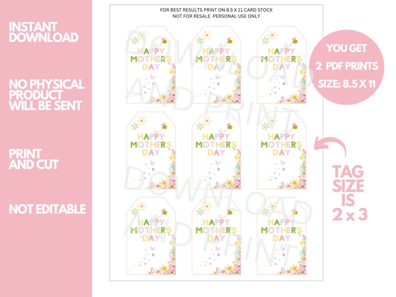 Pink Floral Mother's Day Gift Tag, Printable Favor Label (digital ...