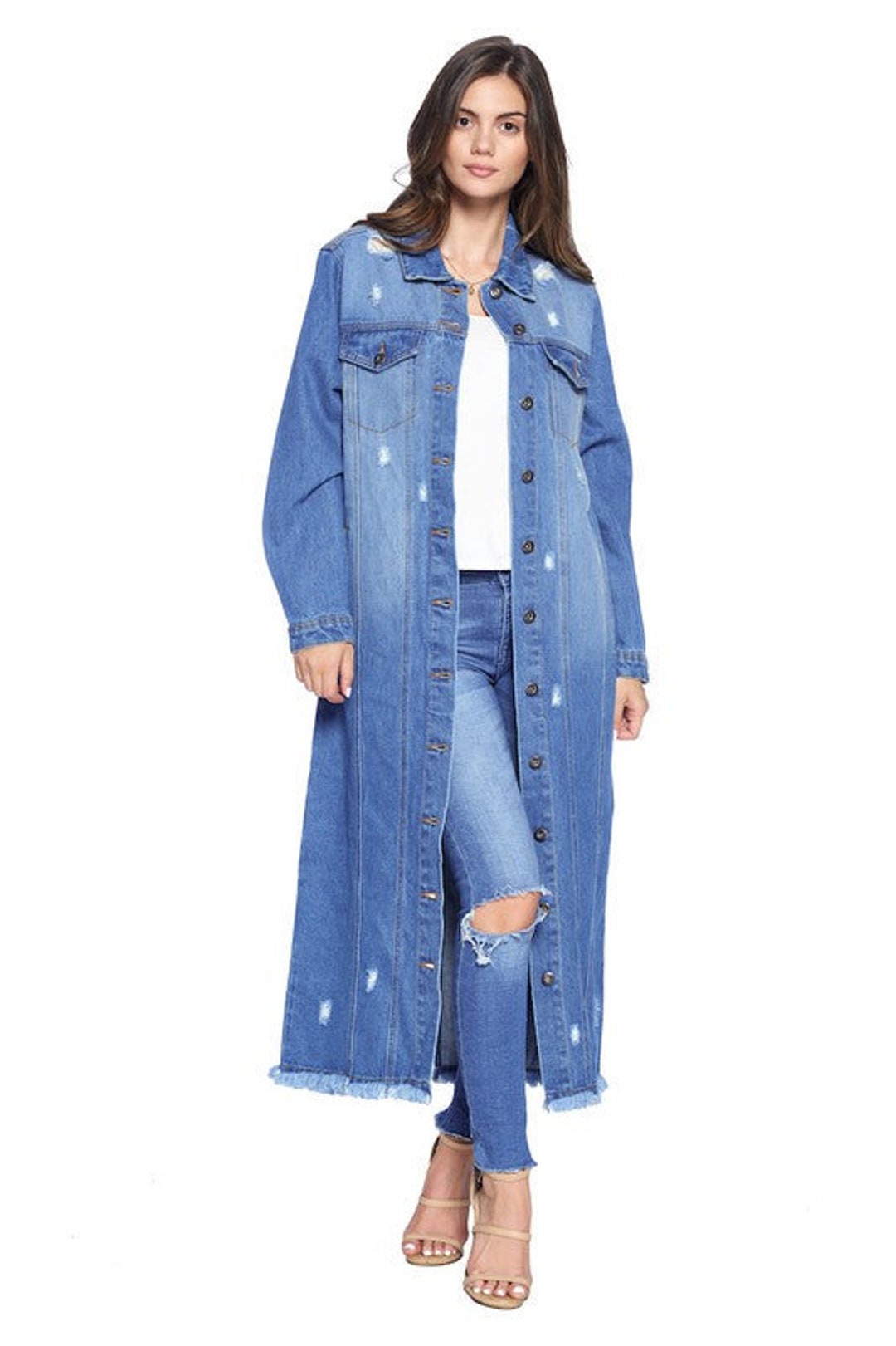 Distressed Long Denim Jacket - Etsy