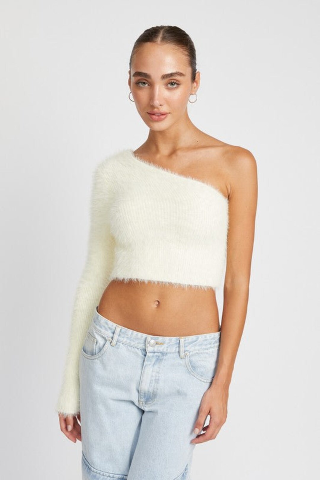 One Shoulder Fluffy Cropped Sweater Top - Etsy