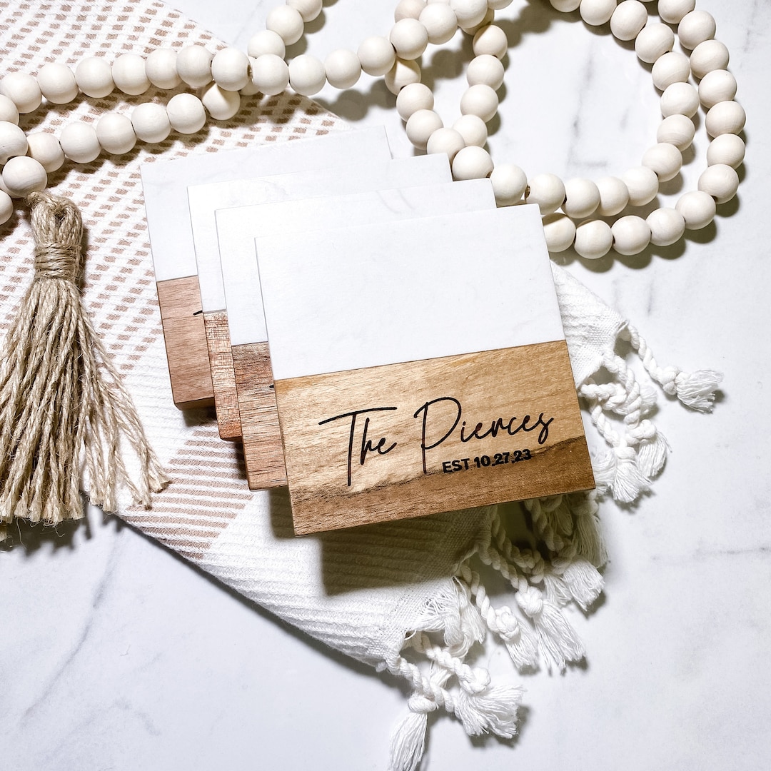 Custom Engraved Marble & Wood Coaster Set | Housewarming Gift ...