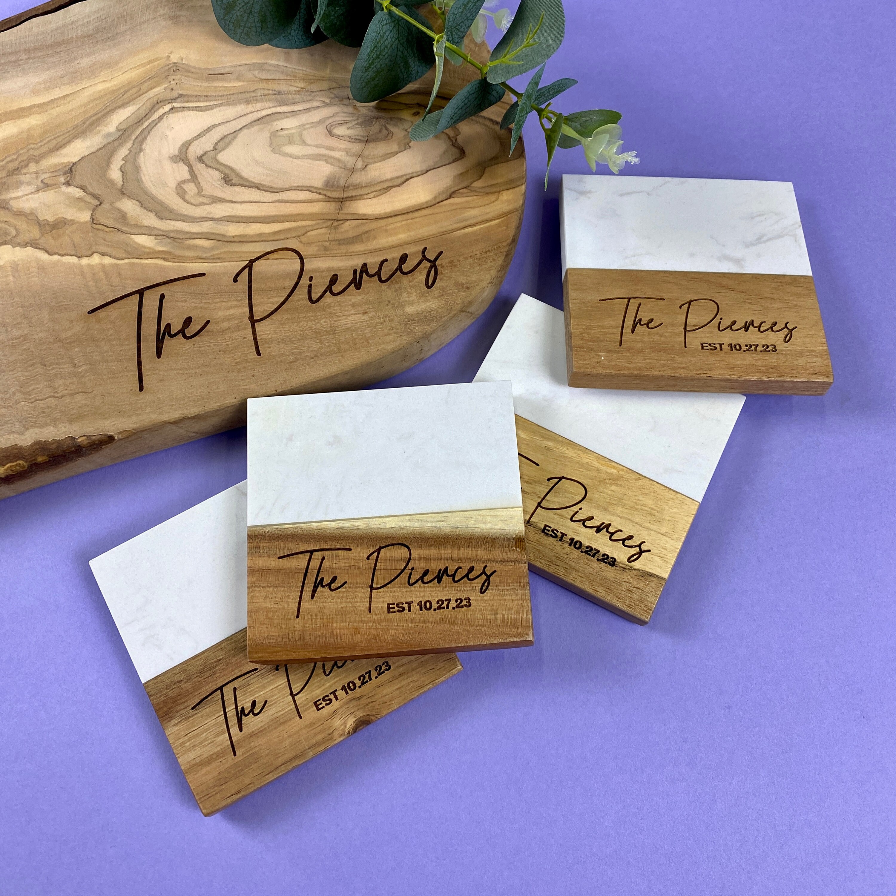 Custom Engraved Marble & Wood Coaster Set | Housewarming Gift ...