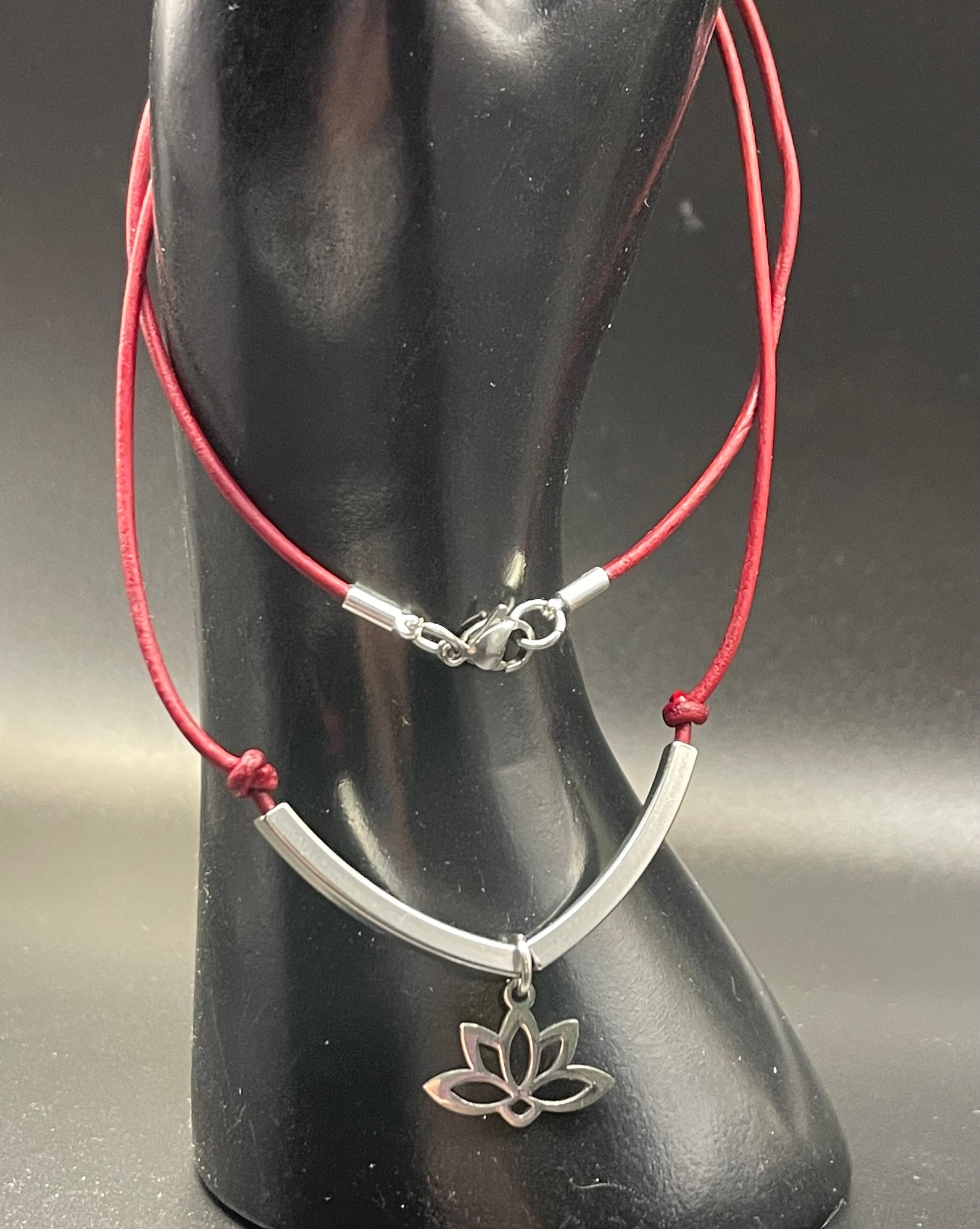 Silver Lotus Flower Charm Necklace, Leather Cord, Tube Bead Accents - Etsy