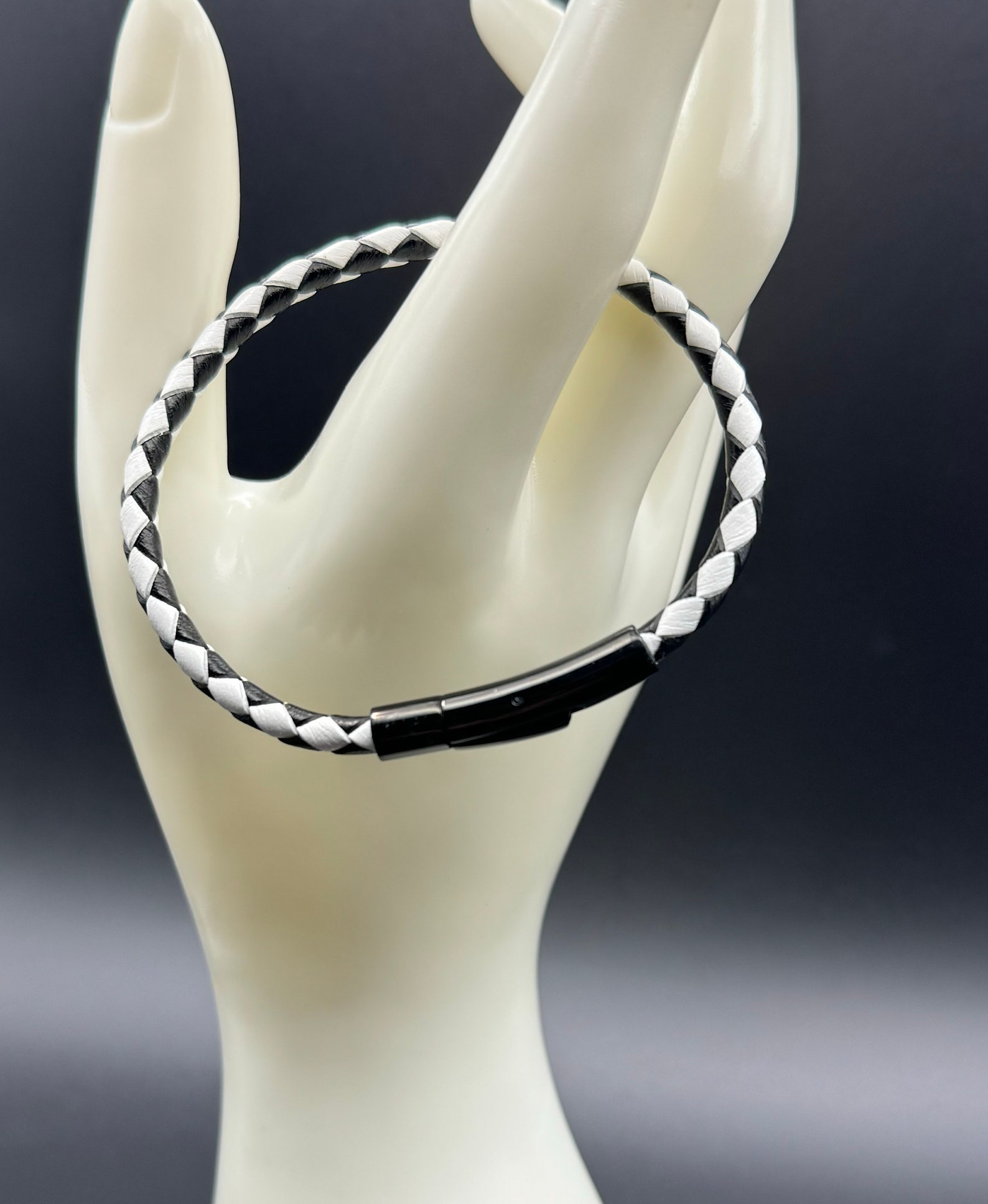 Black and White Leather Bracelet, Lock Clasp - Etsy