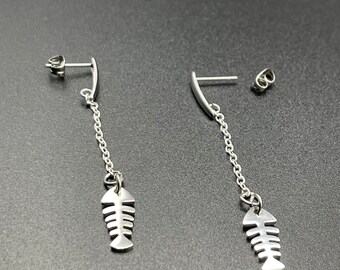 Silver Fishbone Earrings, Fish Bone Earrings, Drop Dangle Dangling Hook ...