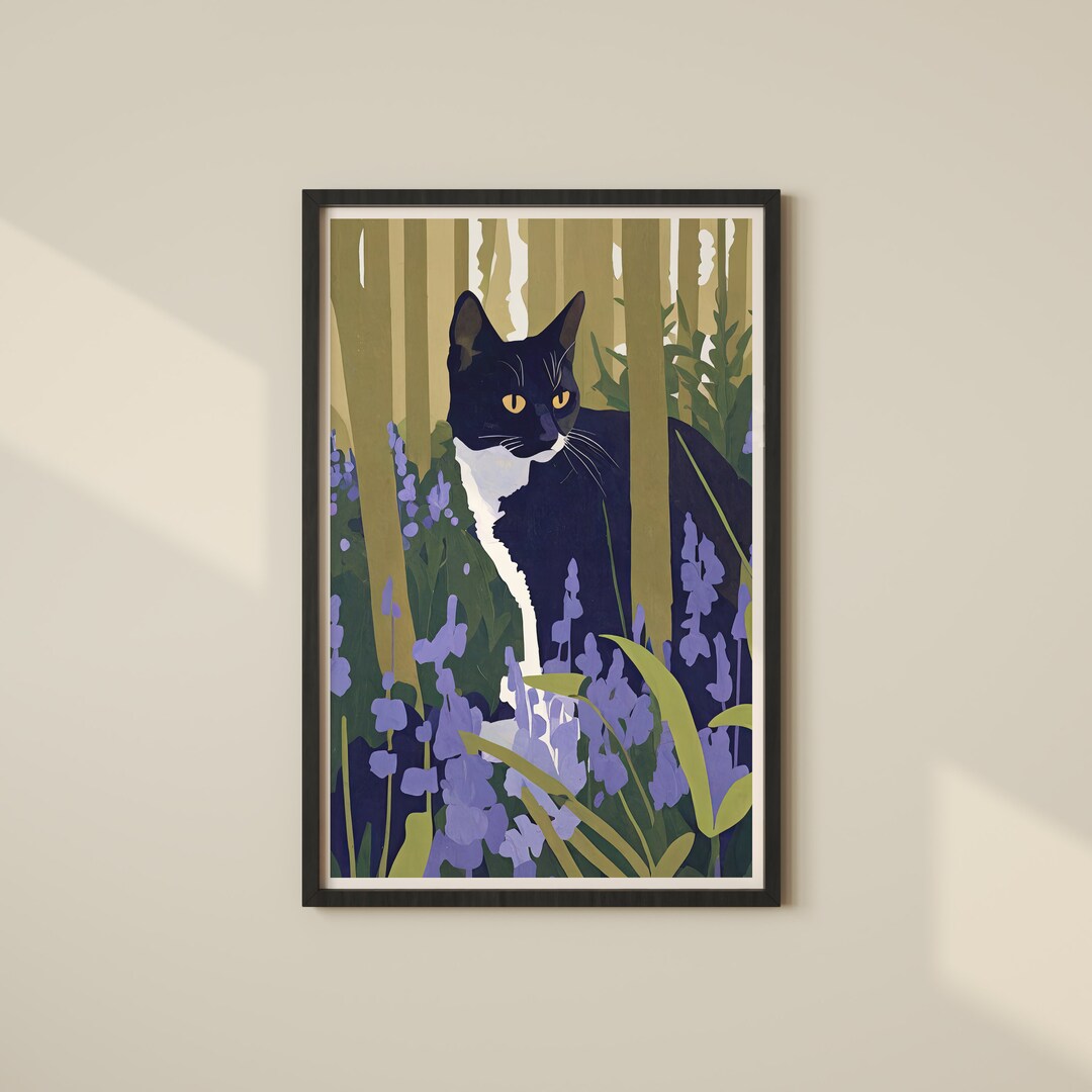 Bluebell Flower Cat Artwork, Cats and Plants Wall Art, Bluebell Forest ...