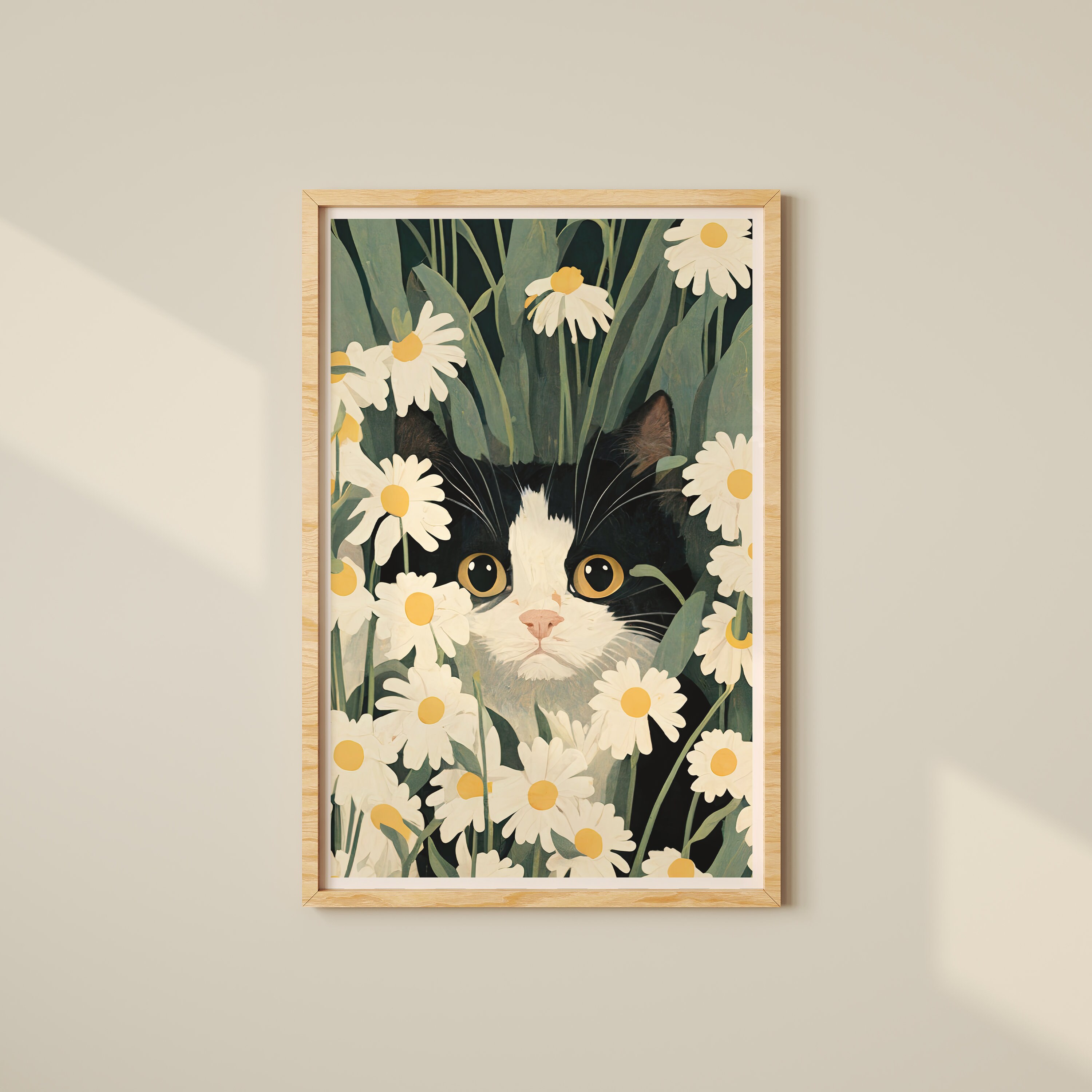 Daisy Wall Art, Cat Plant Print, Daisy Artwork, Floral Daisy Decor ...