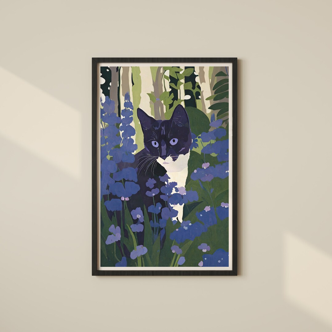 Bluebell Flower Cat Artwork, Cats and Plants Wall Art, Bluebell Art ...