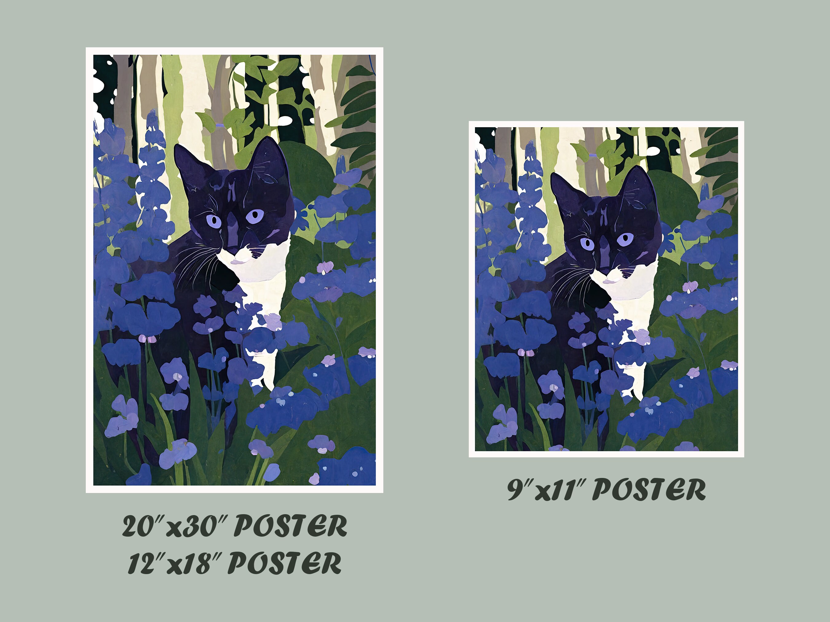 Bluebell Flower Cat Artwork, Cats and Plants Wall Art, Bluebell Art ...
