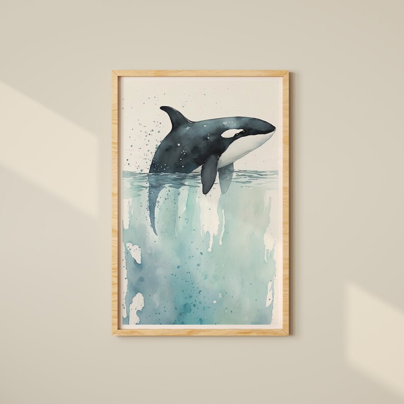 Orca Wall Art, Ocean Theme Decor, Killer Whale Watercolor Ocean Animal ...