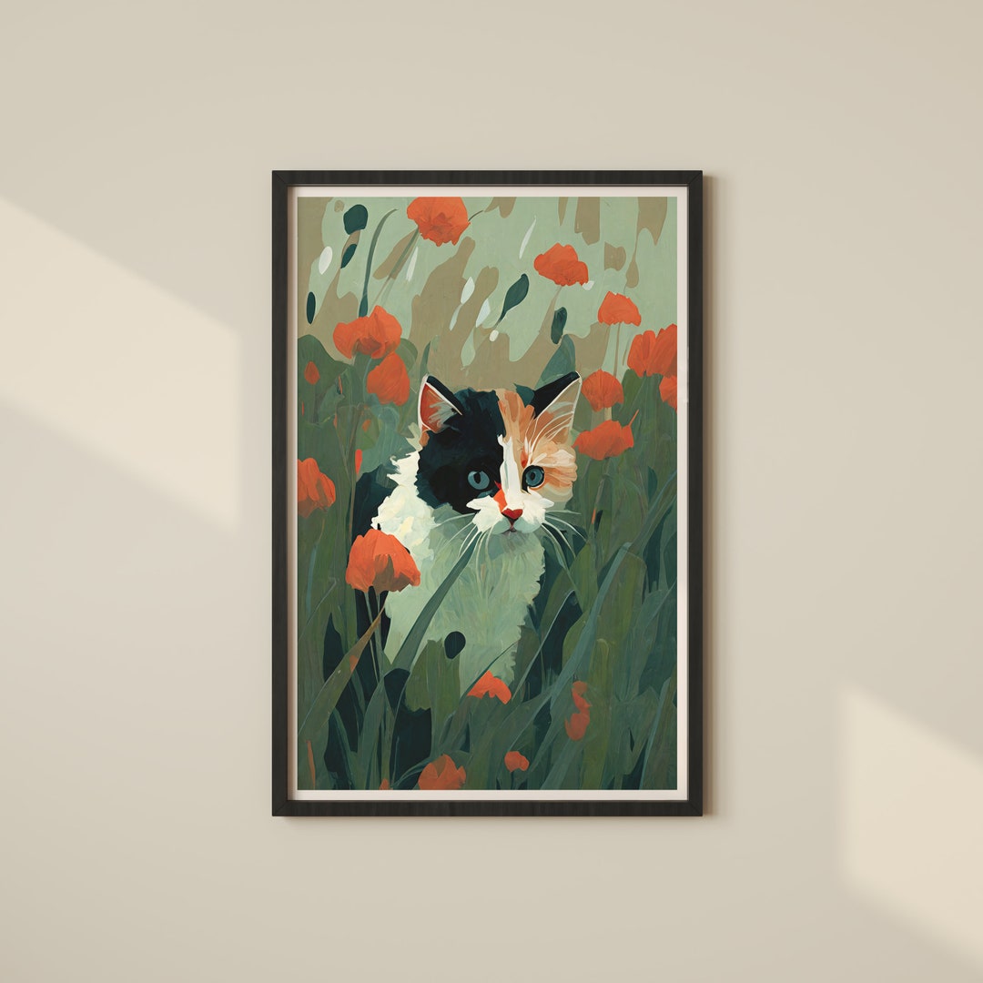 Poppy Artwork, Cats and Plants Wall Art, Poppy Art Decor, Cat Floral ...