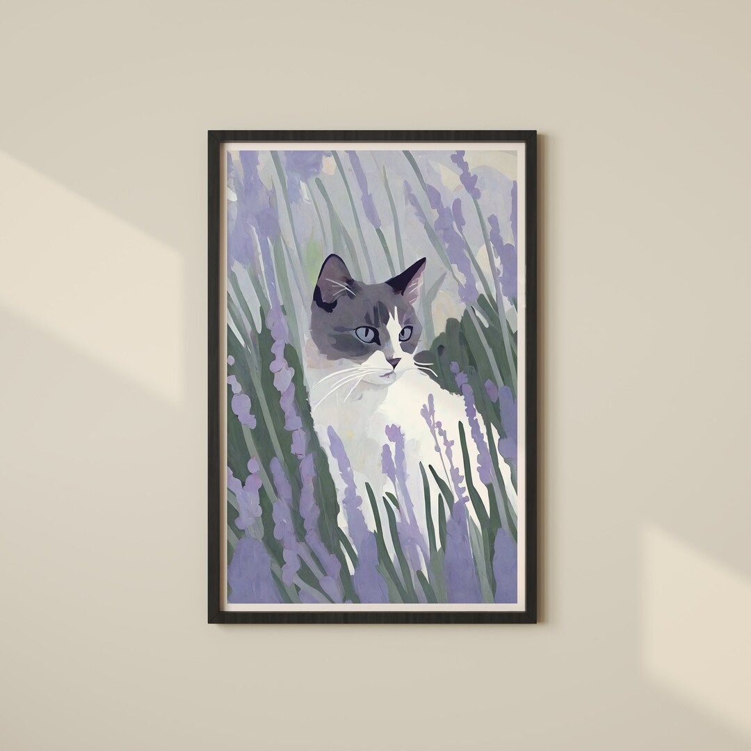 Lavender Artwork, Cats and Plants Wall Art, Lavender Art Decor, Cat ...