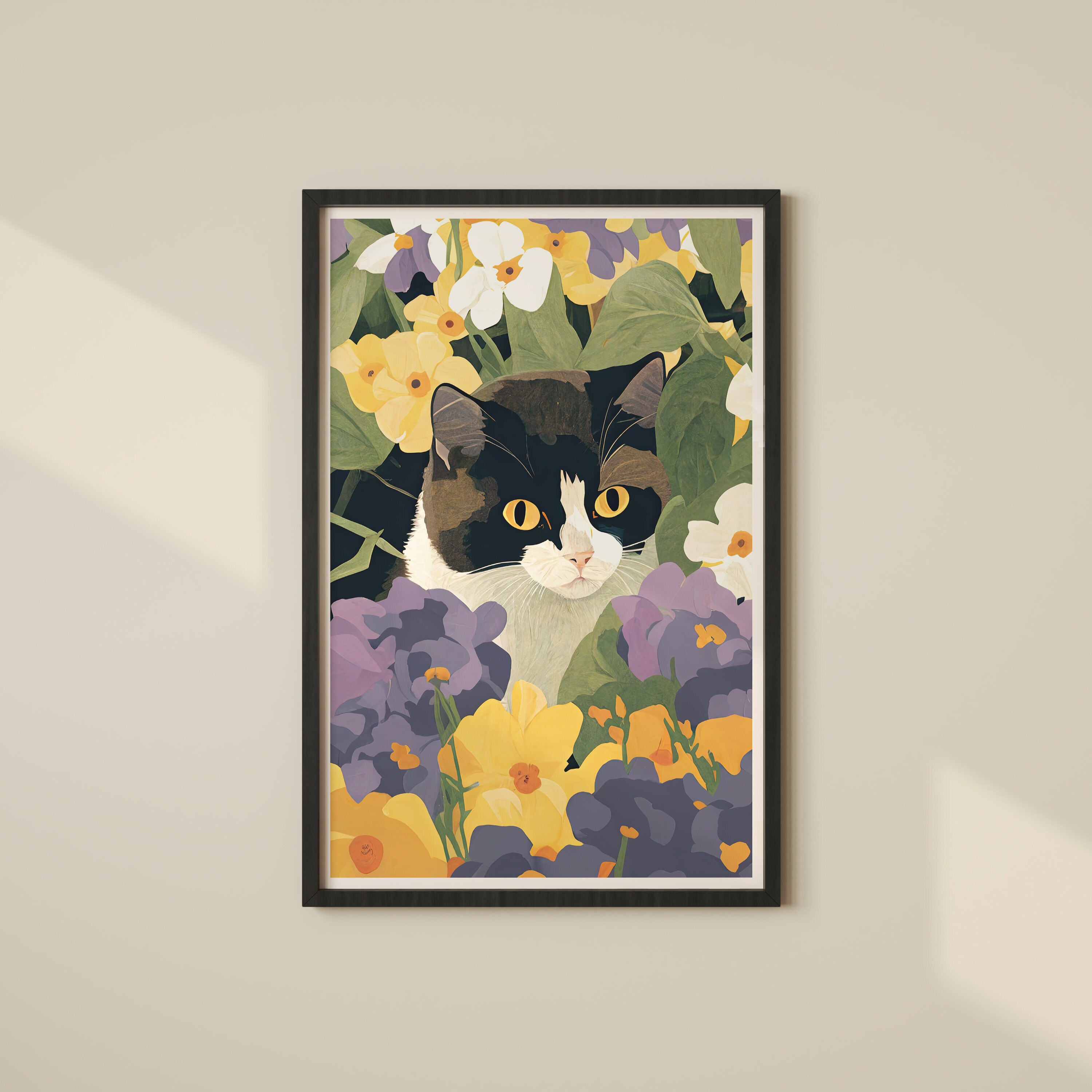 Pansy Artwork, Cats and Plants Wall Art, Pansy Art Decor, Cat Floral ...
