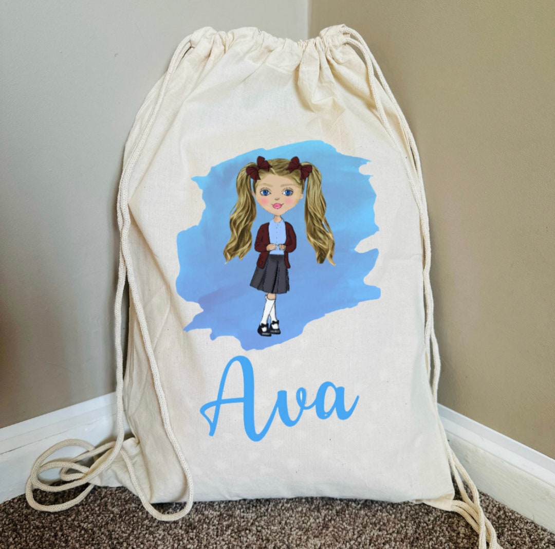 Personalised School Girl Custom Handmade Canvas Drawstring School Bag ...