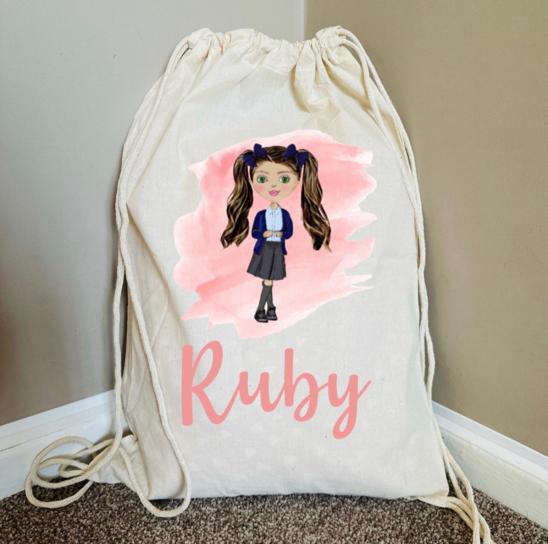 Personalised School Girl Custom Handmade Canvas Drawstring School Bag ...