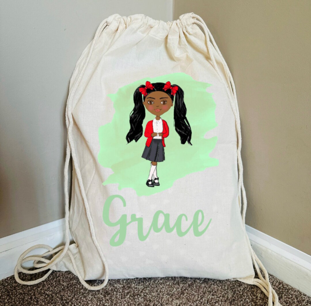 Personalised School Girl Custom Handmade Canvas Drawstring School Bag ...