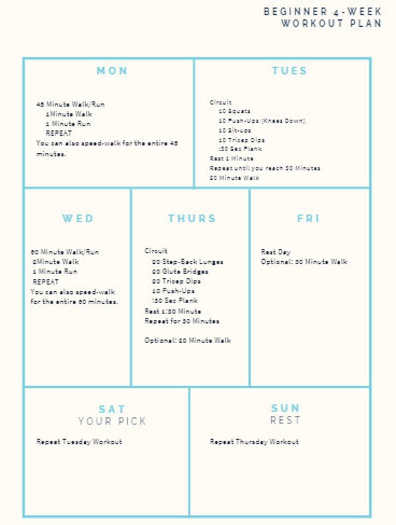 4 Week Beginner Workout Plan - Etsy