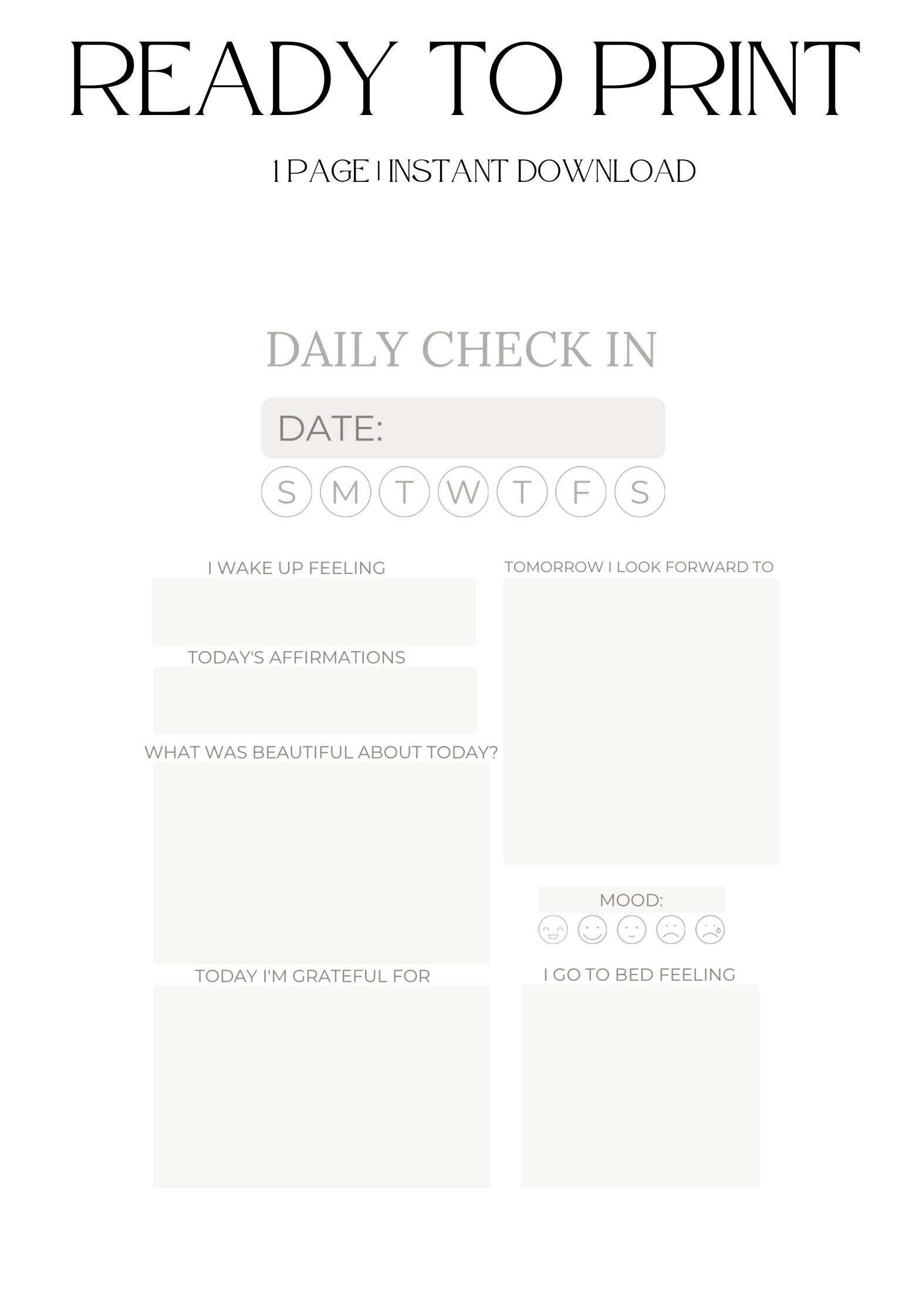 Daily Check-in Journal Page Printable, Everyday Easy-to-use Journaling ...