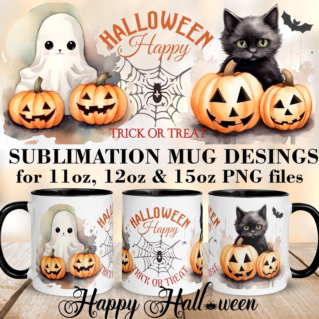 Halloween Cat Mug Wrap Png Happy Halloween Mug PNG Black Cat Pumpkins ...