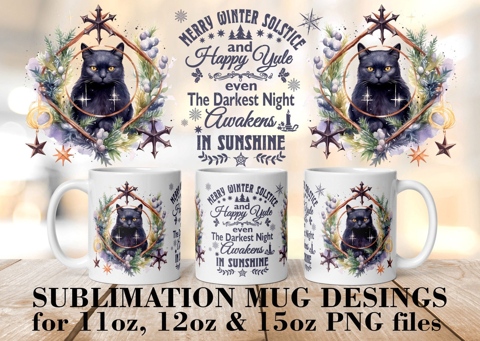 Yule Cat Mug Wrap PNG: Winter Solstice Sublimation Design (digital ...