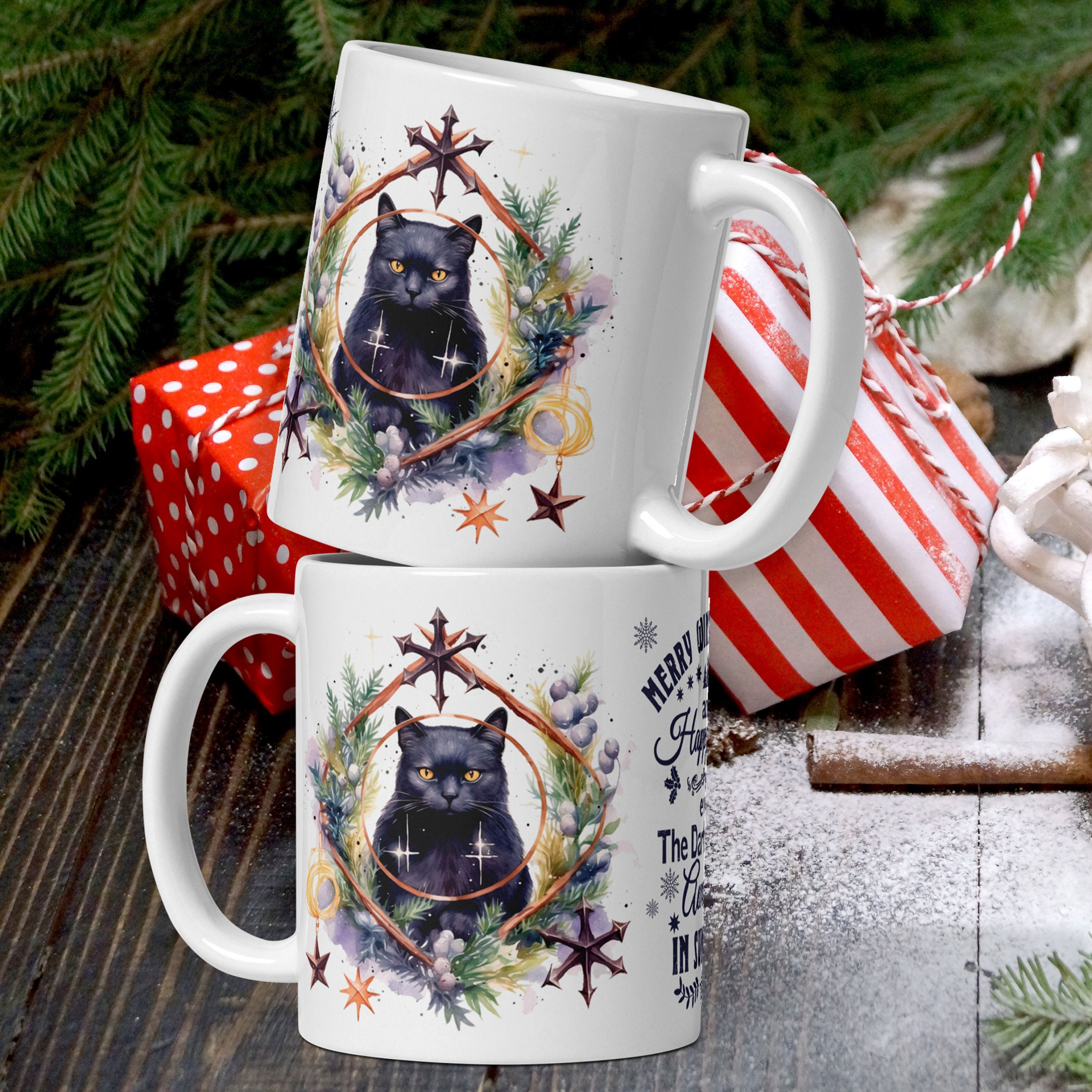 Yule Cat Mug Wrap PNG: Winter Solstice Sublimation Design (digital ...