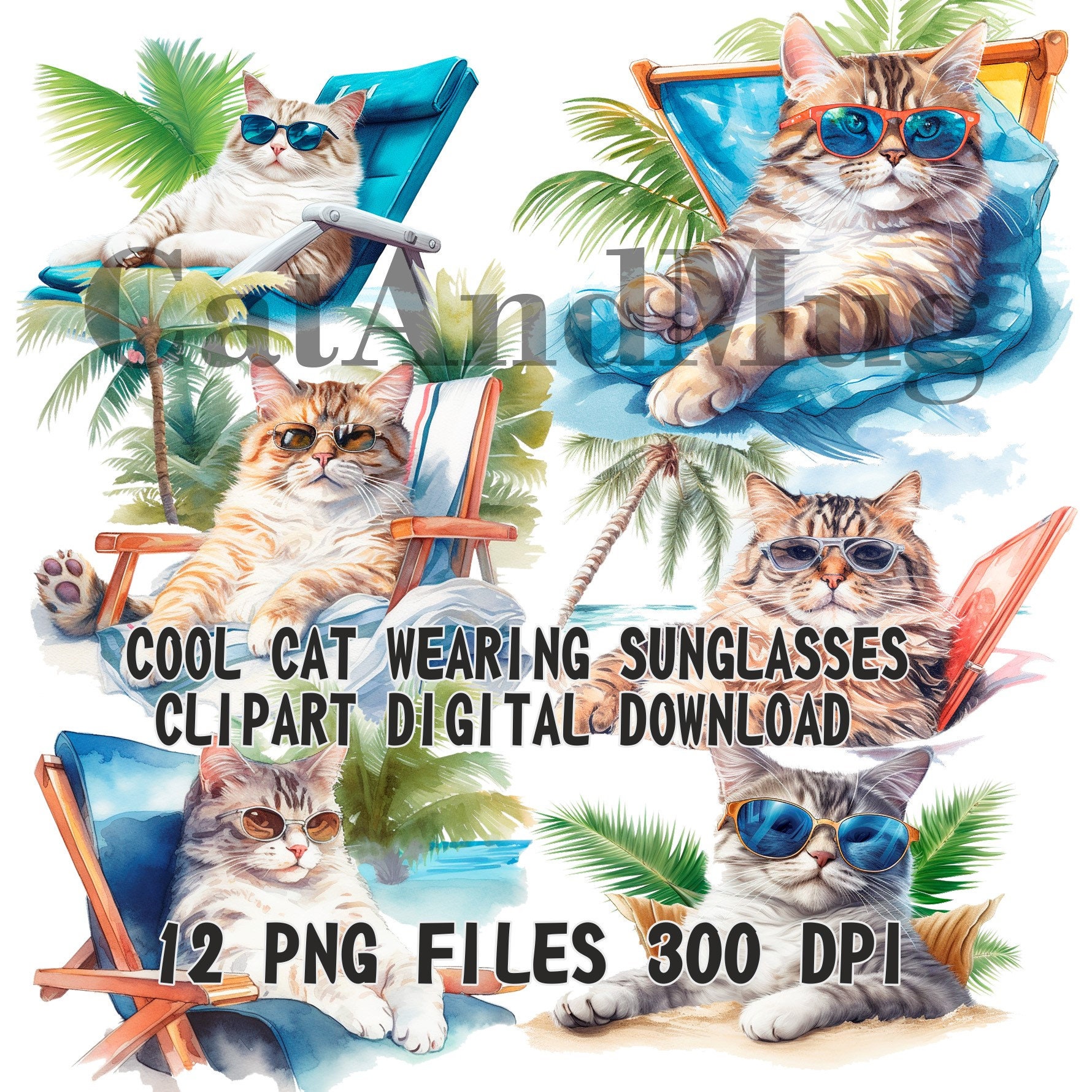 Cool Cat in Sunglasses PNG Set of 12 Pcs Watercolor Clipart Transparent ...