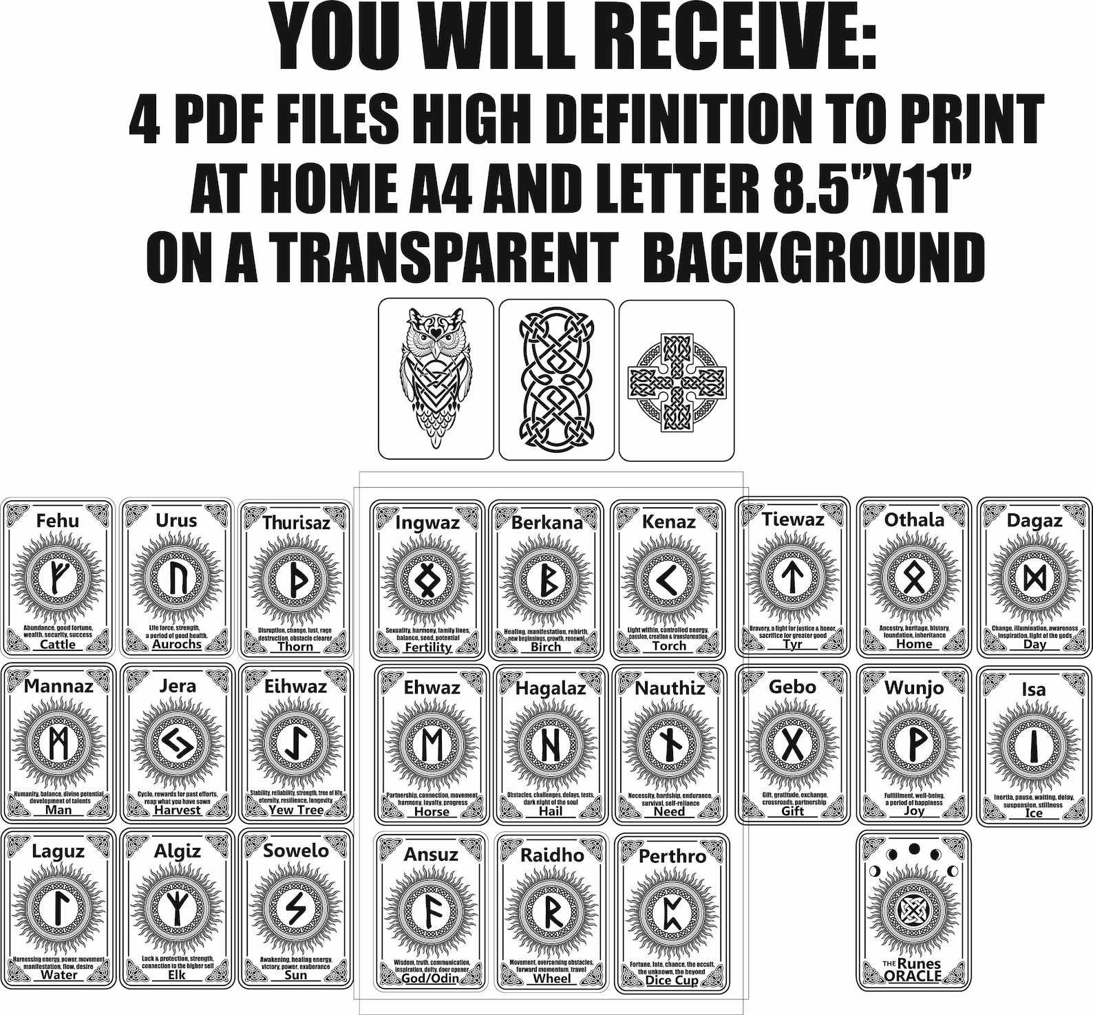 Printable Runes Cards PNG, PDF, SVG Celtic Runes Oracle Cards Svg ...