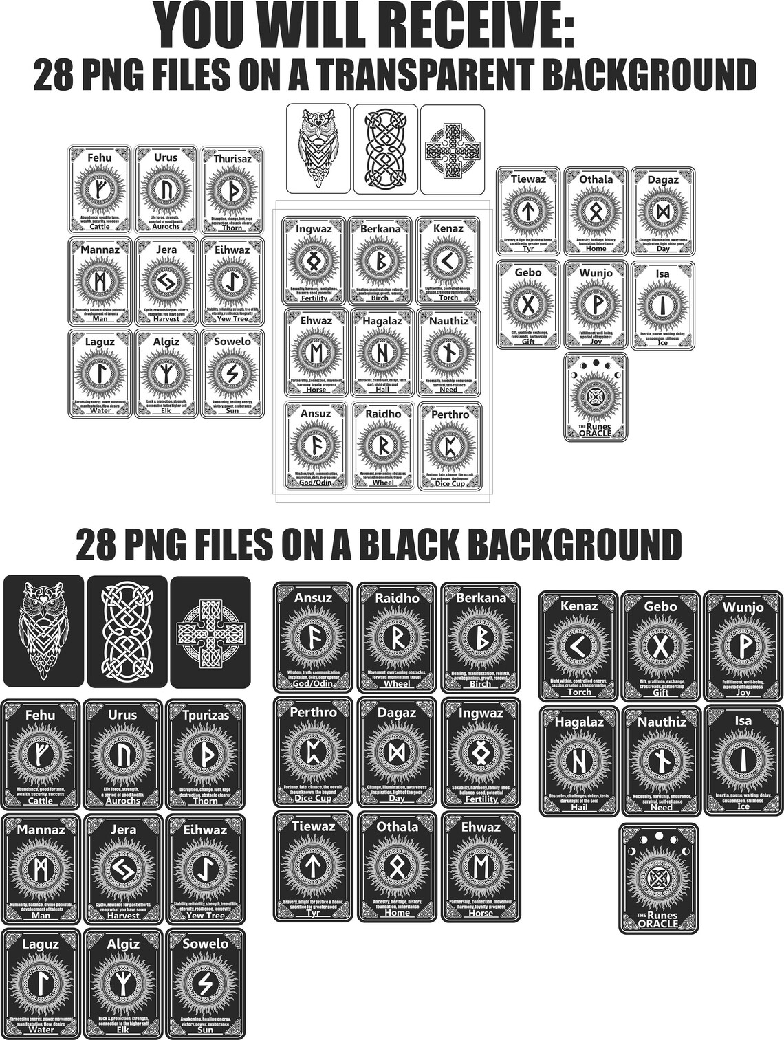 Printable Runes Cards PNG, PDF, SVG Celtic Runes Oracle Cards Svg ...