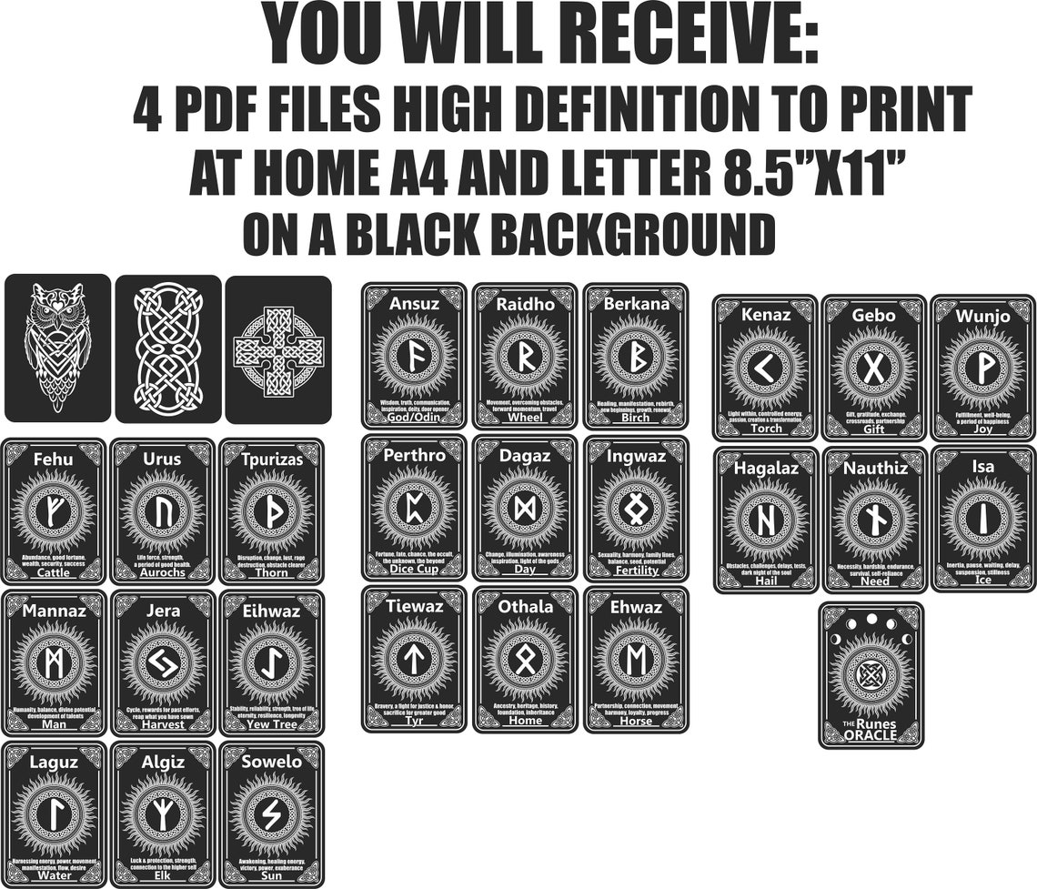Printable Runes Cards PNG PDF SVG Celtic Runes Oracle Cards - Etsy