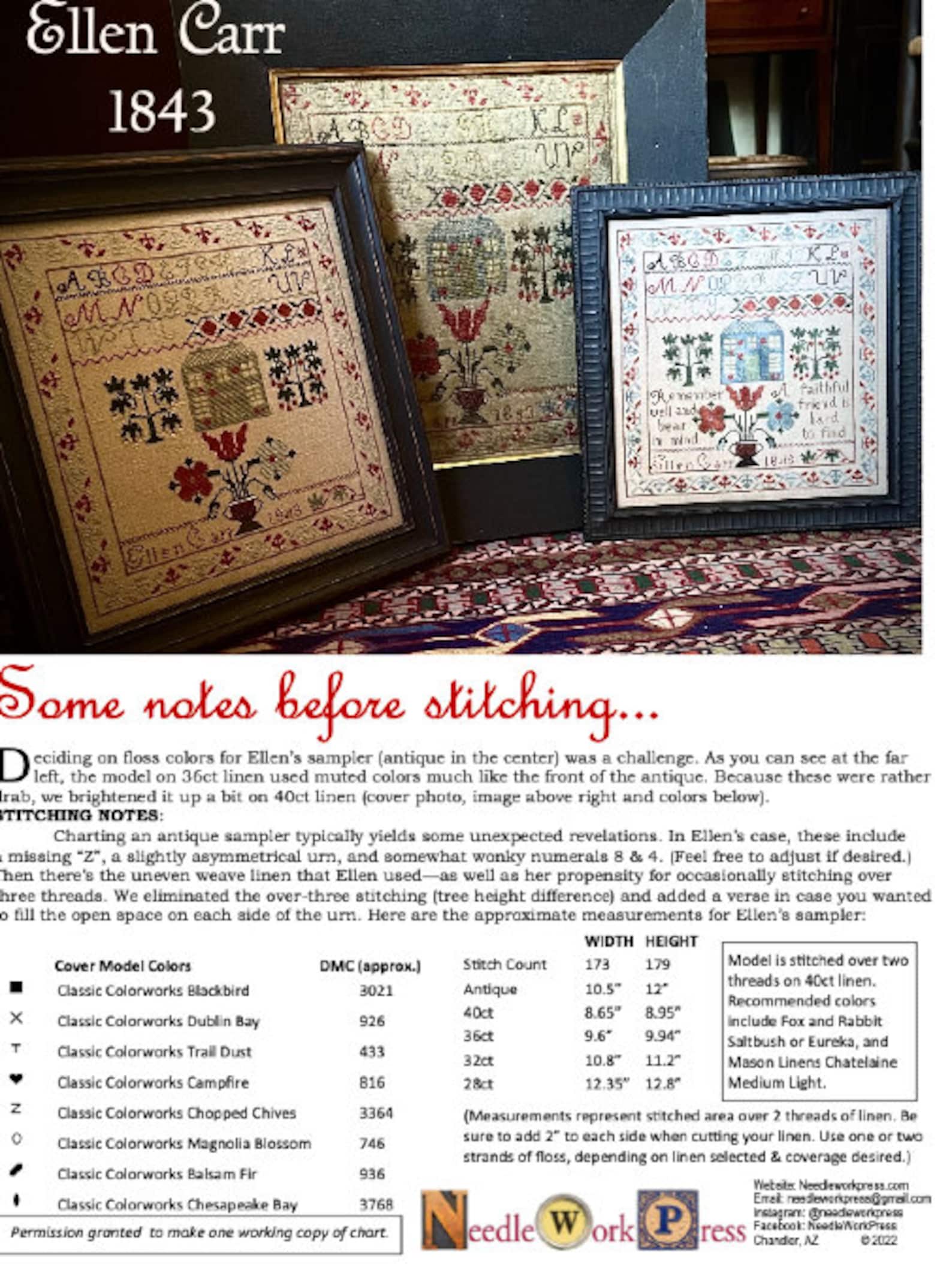 ELLEN CAR SAMPLER 1843 * Needlework Press * Cross Stitch Pattern-c - Etsy