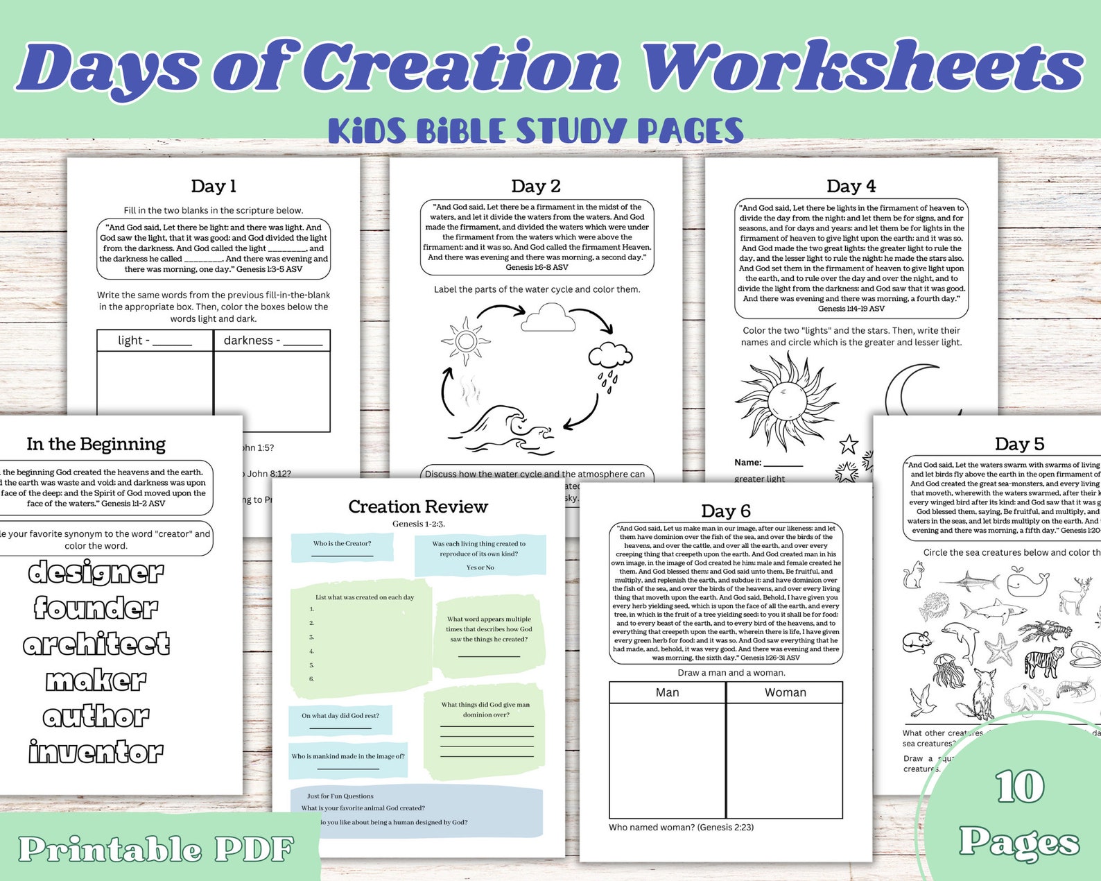 Days of Creation, Bible Activity Pages, Kids Bible Lessons, Kids Bible ...