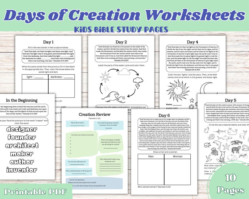 Days of Creation, Bible Activity Pages, Kids Bible Lessons, Kids Bible ...