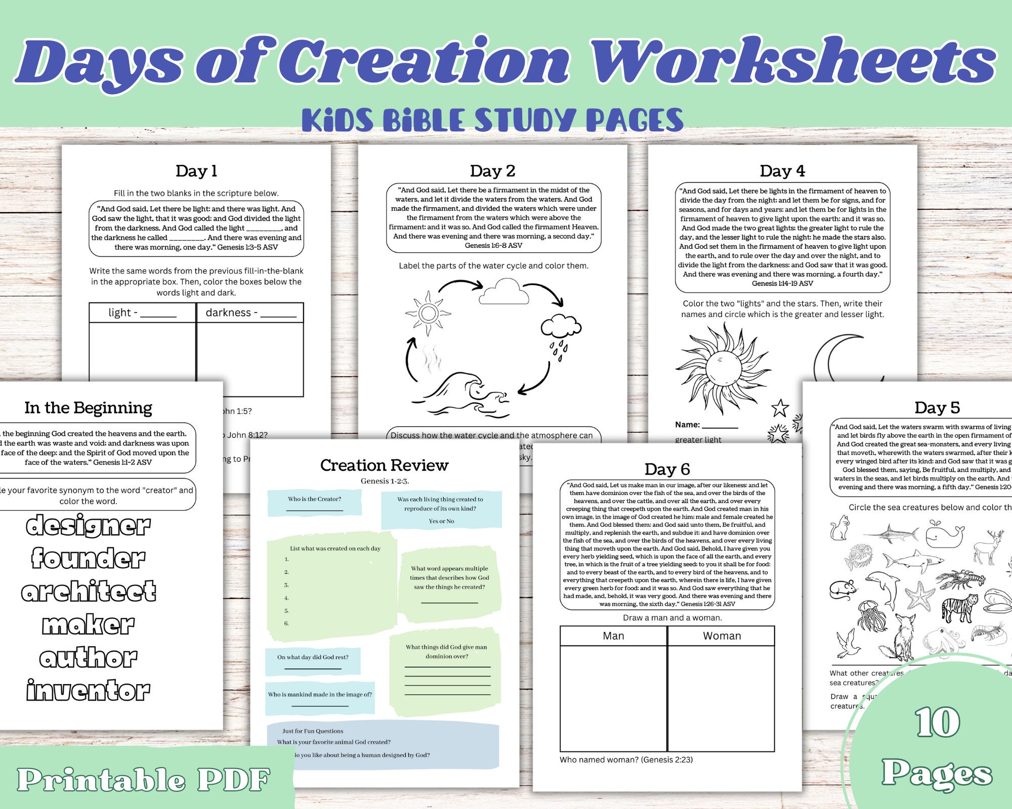 Days of Creation, Bible Activity Pages, Kids Bible Lessons, Kids Bible ...
