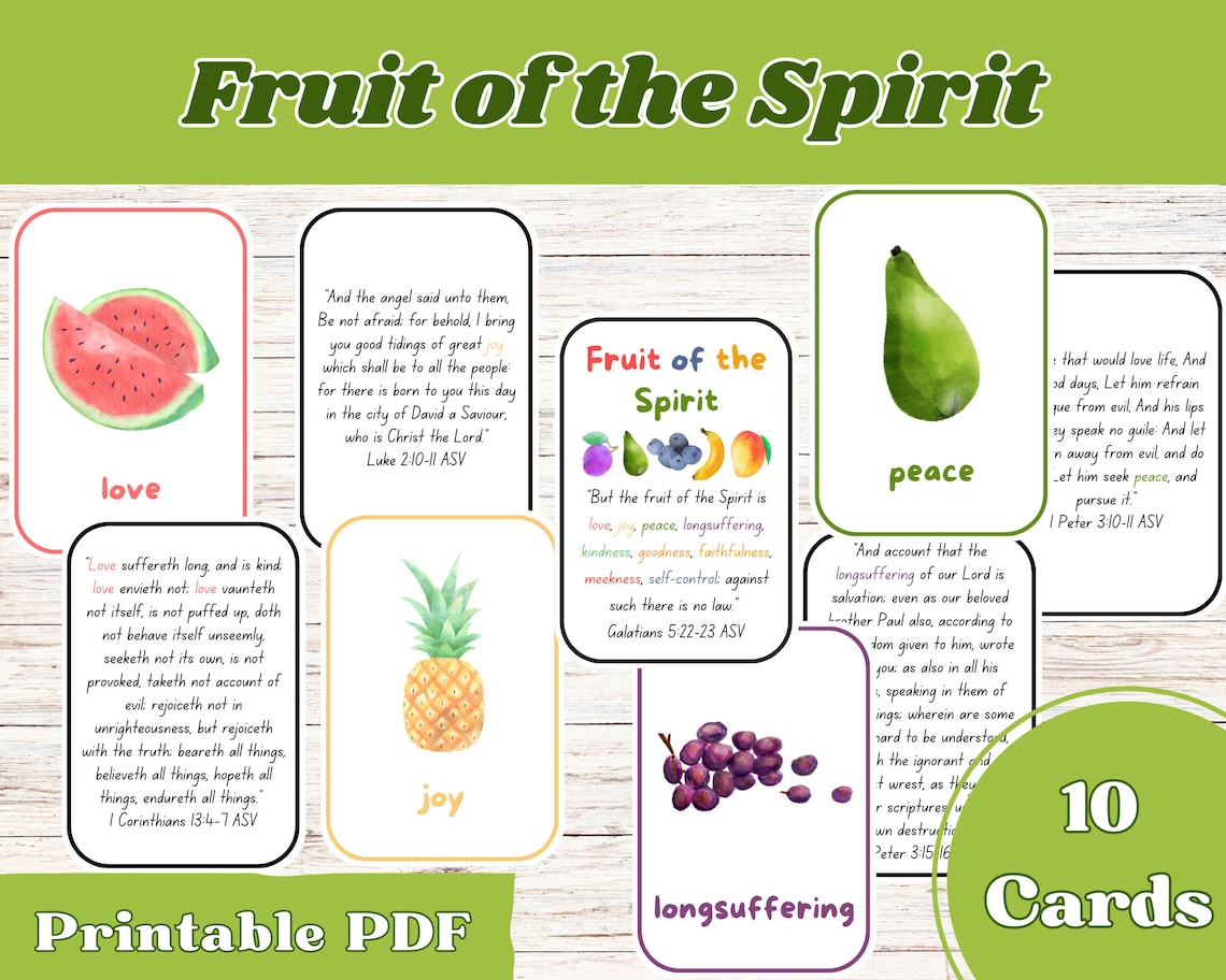 Fruit of the Spirit, Kids Bible Cards, Bible Flash Cards, Bible Verse ...