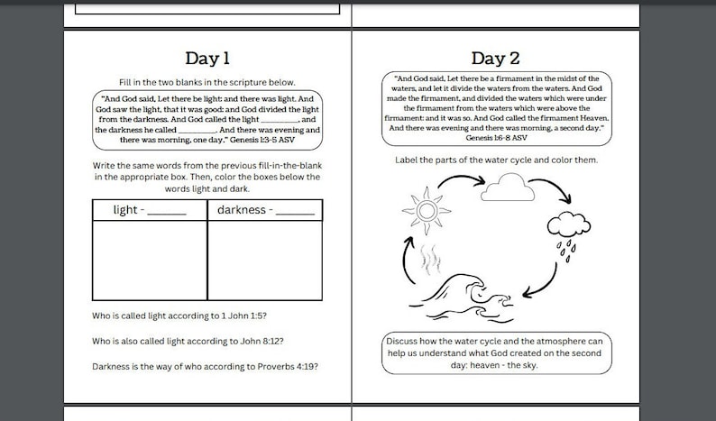 Days of Creation, Bible Activity Pages, Kids Bible Lessons, Kids Bible ...