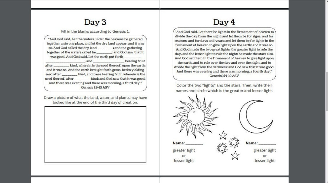 Days of Creation, Bible Activity Pages, Kids Bible Lessons, Kids Bible ...