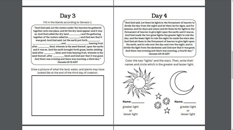 Days of Creation, Bible Activity Pages, Kids Bible Lessons, Kids Bible ...