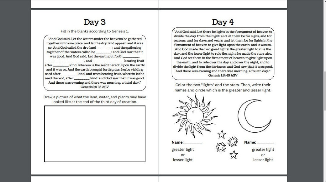 Days of Creation, Bible Activity Pages, Kids Bible Lessons, Kids Bible ...
