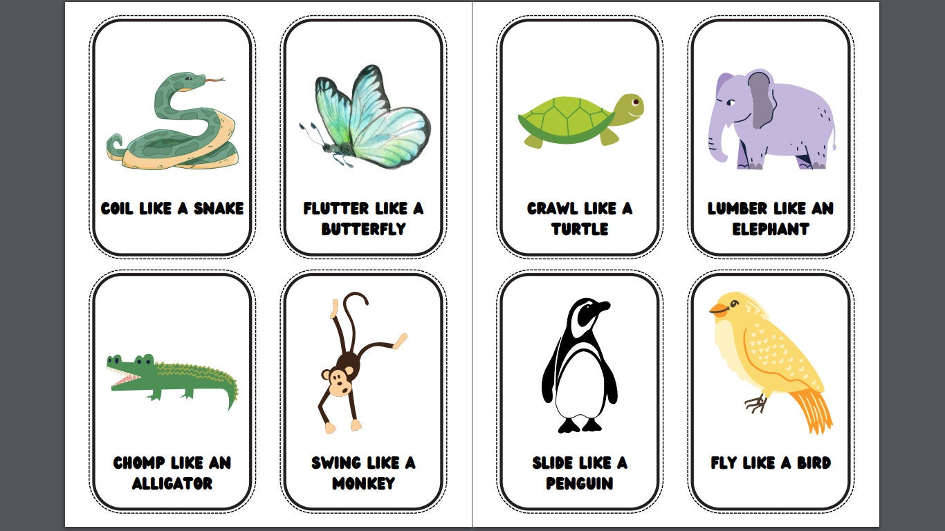 Kids Movement Cards, Animal Flash Cards, Animal Flashcards, Kids ...