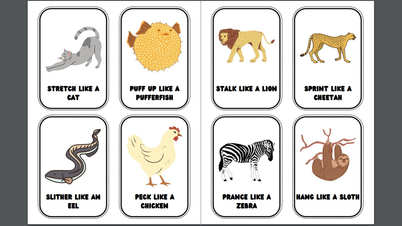 Kids Movement Cards, Animal Flash Cards, Animal Flashcards, Kids ...