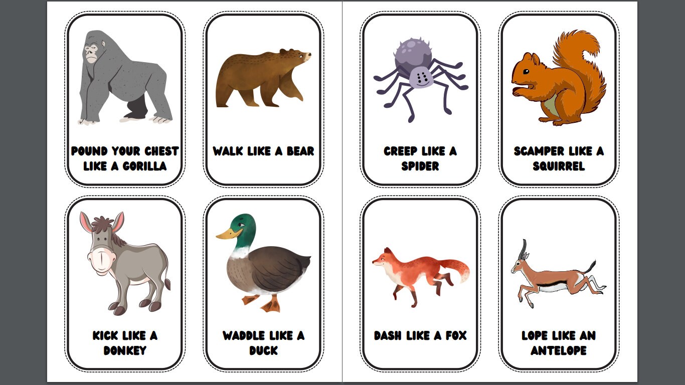 Kids Movement Cards, Animal Flash Cards, Animal Flashcards, Kids ...