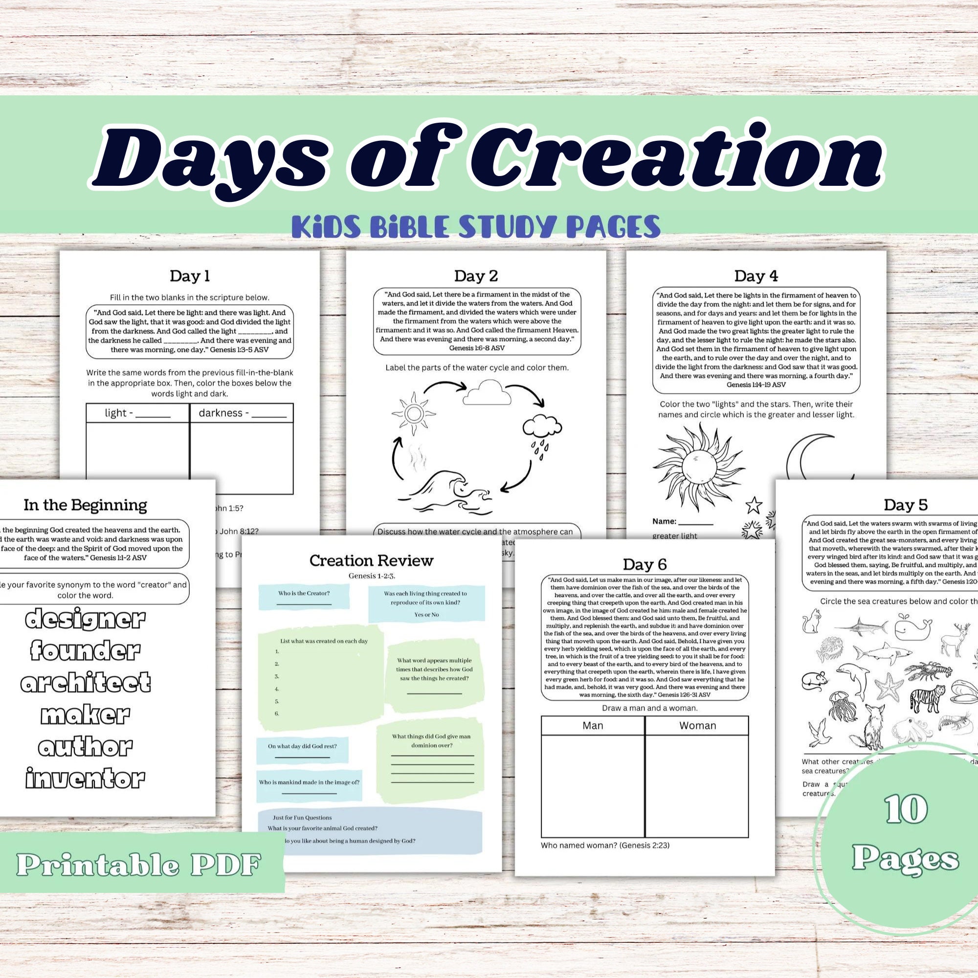 Days of Creation, Bible Activity Pages, Kids Bible Lessons, Kids Bible ...