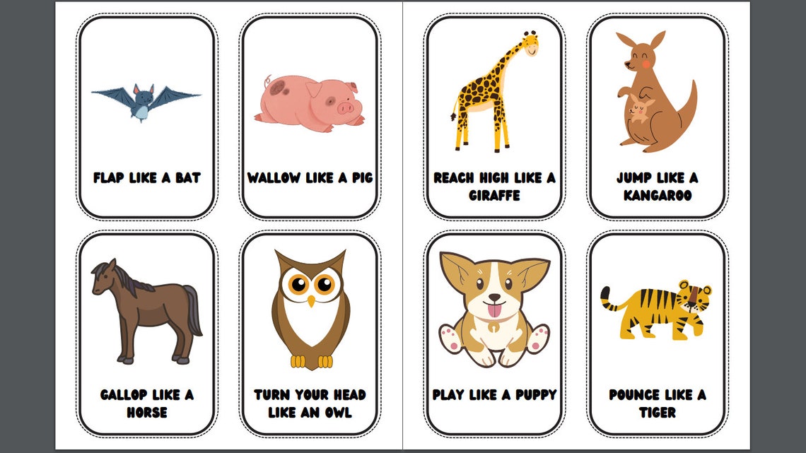 Kids Movement Cards, Animal Flash Cards, Animal Flashcards, Kids ...