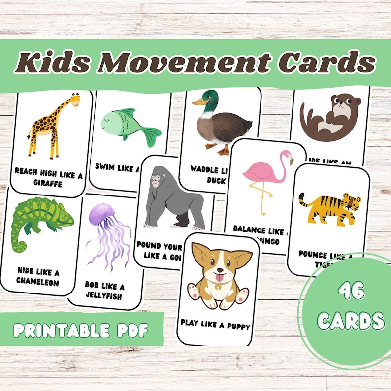 Kids Movement Cards, Animal Flash Cards, Animal Flashcards, Kids ...
