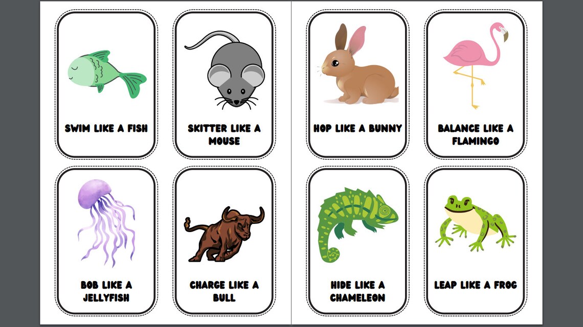 Kids Movement Cards, Animal Flash Cards, Animal Flashcards, Kids ...