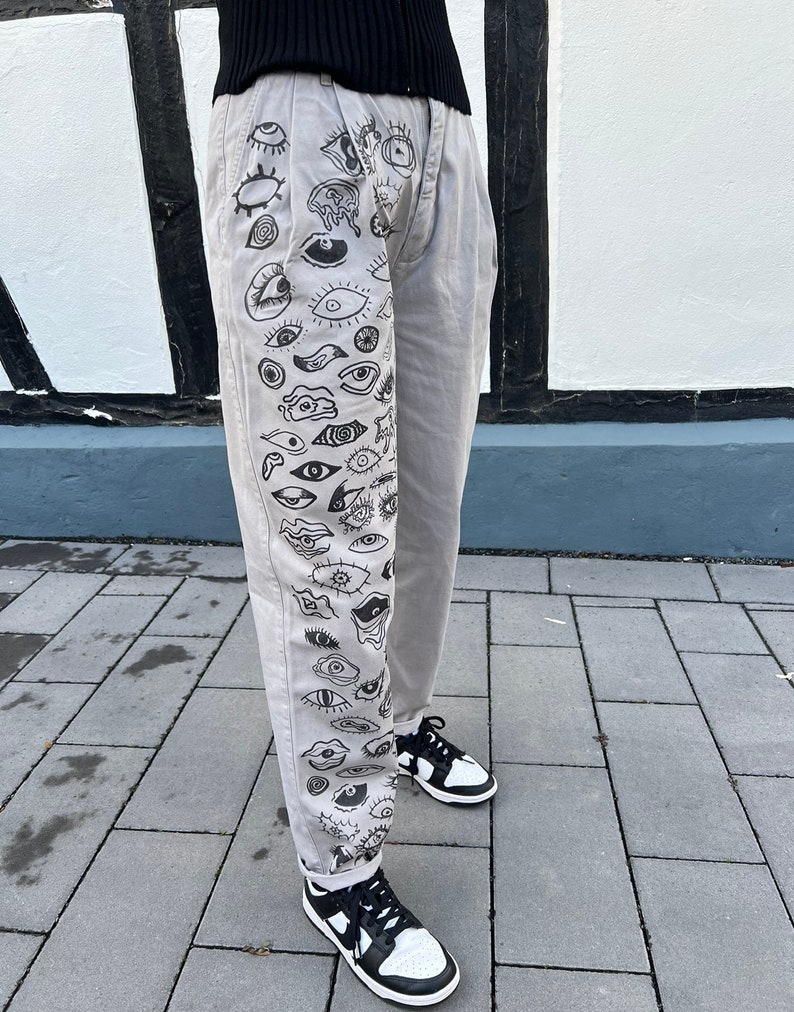 Eye Hand Painted Customised Beige Trousers/jeans - Etsy
